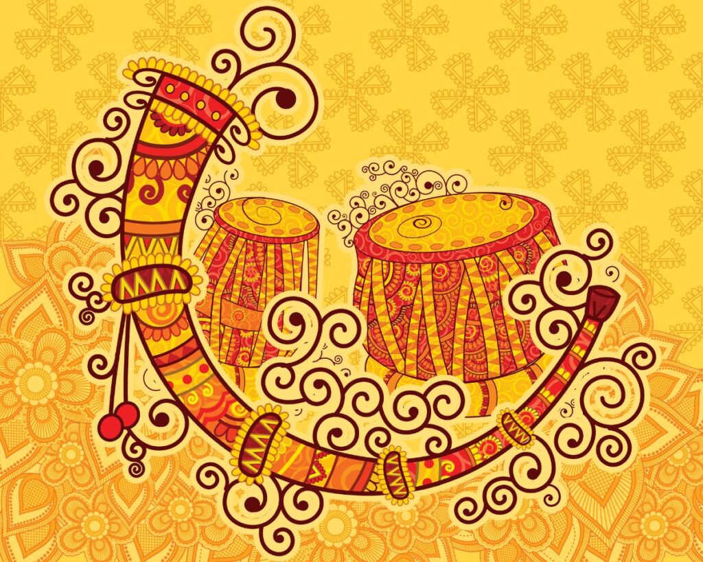 Indian Musical Instruments in Indian Art Style Wallpaper for Wall ...