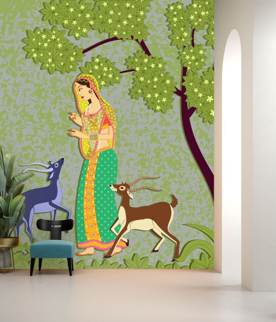 Lagnajeeta, Lady with Cute Deers in Indian Art Style Wallpaper for Wall ...