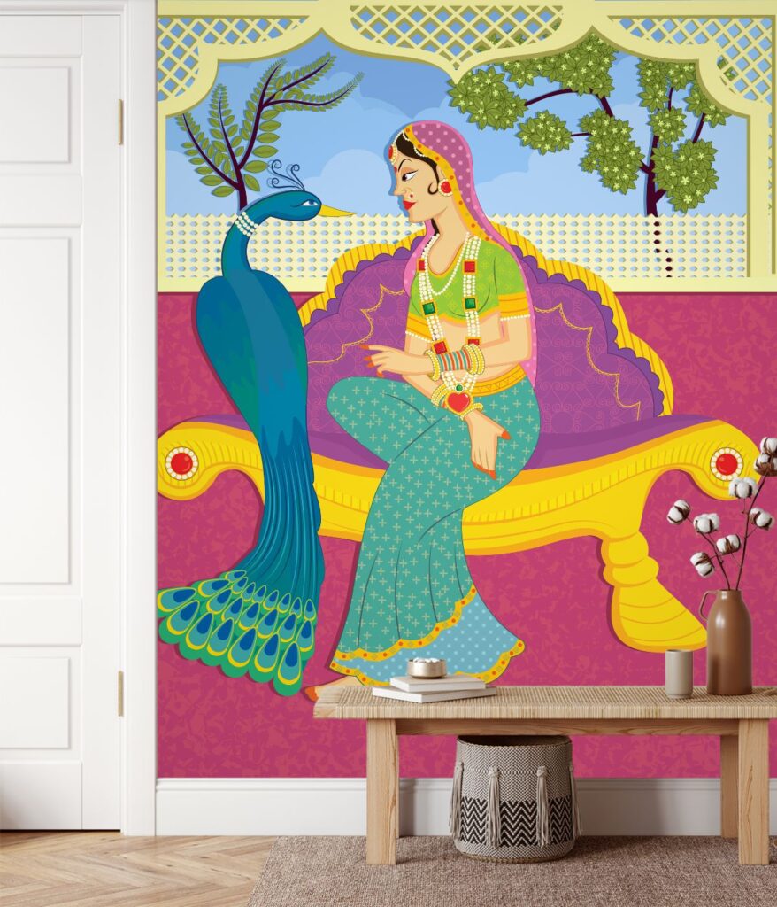 Royal Maharani With Peacock in Indian Art Style Wallpaper for Wall - Magicdecor®