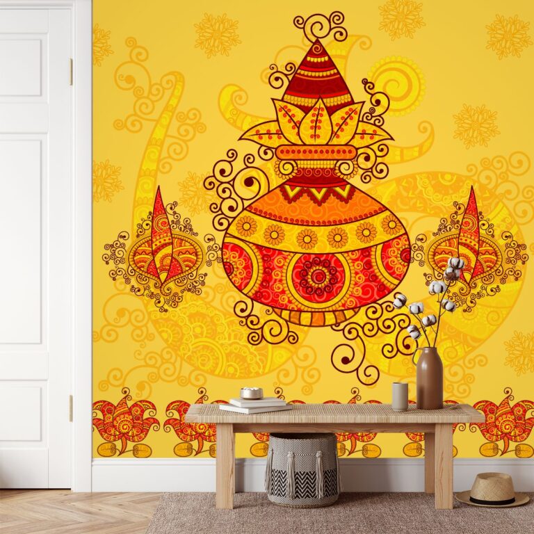 Traditional Kalash with Coconut, Mango Leaves and Diya in Indian Art ...