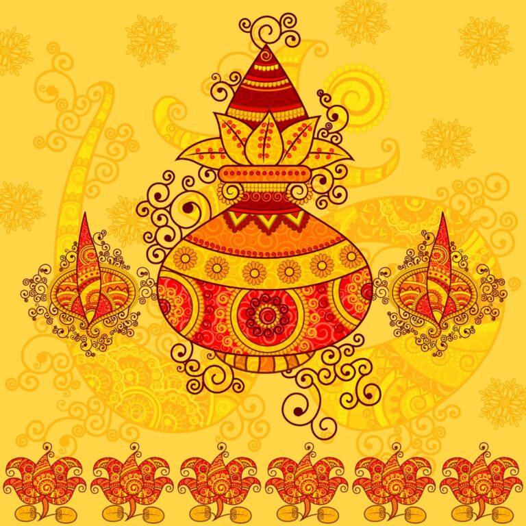 Traditional Kalash with Coconut, Mango Leaves and Diya in Indian Art ...