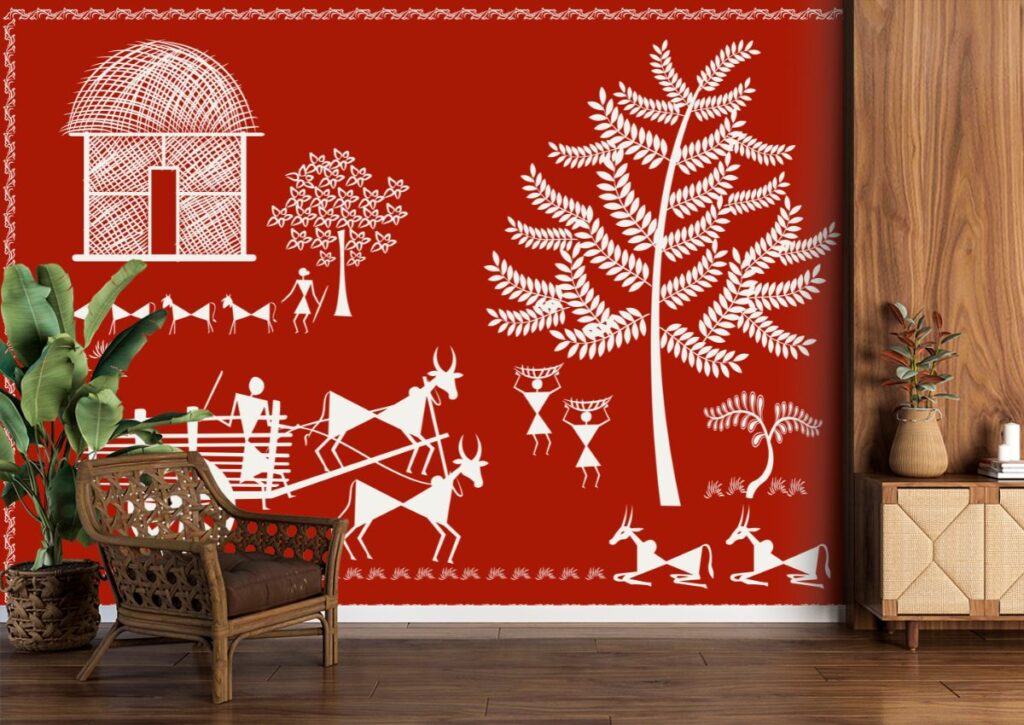 Village Life, Ancient Indian Warli Art Wallpaper for Wall - Magicdecor®
