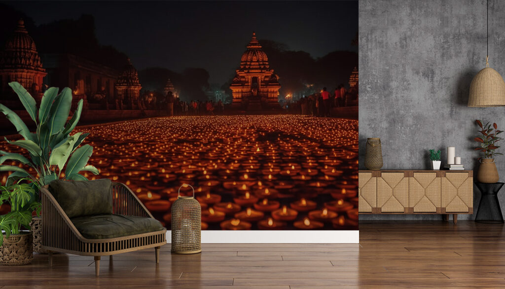 Ayodhya Illuminated With Diyas Wallpaper for Wall - Magicdecor®