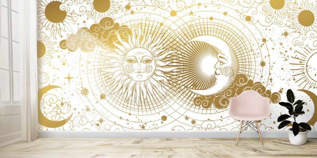 Luxurious Golden Boho Sun and Moon Mural Wallpaper - Magicdecor®