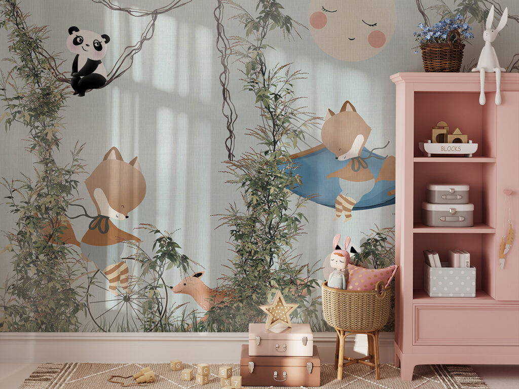 Happy Bachpan, Beautiful Panda and Fox Wallpaper for Wall - Magicdecor®