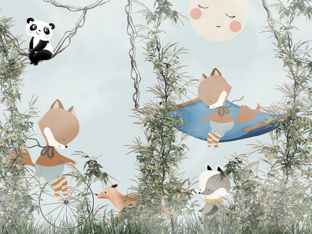 Happy Bachpan, Beautiful Panda and Fox Wallpaper for Wall - Magicdecor®
