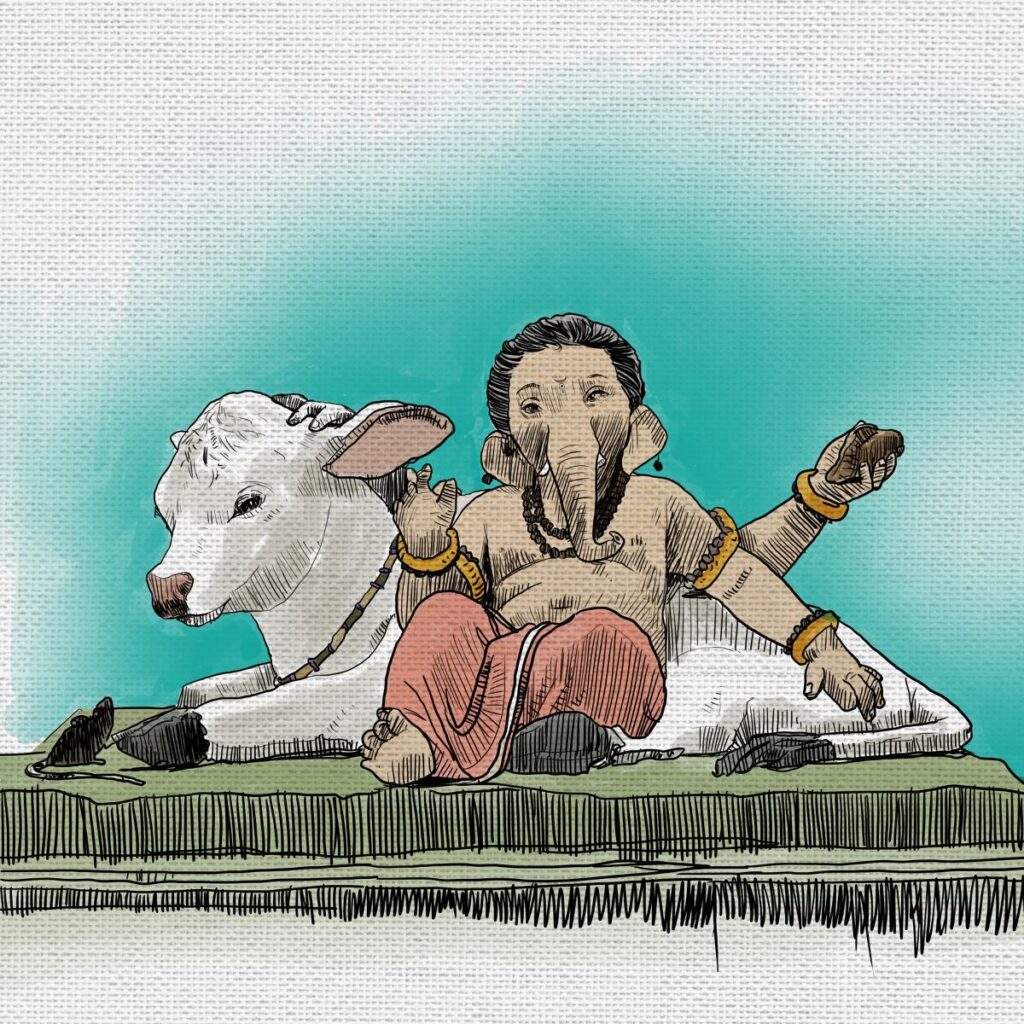 Ganesh ji Portarit Art Wallpaper With A Calf - Magicdecor®