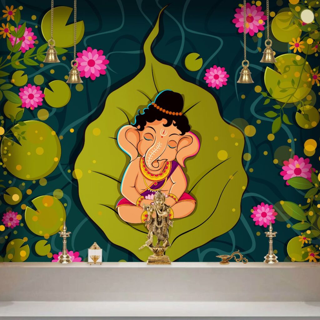 Gannu, Baby Ganpati Sleeping on Peepul Leave Wallpaper - Magicdecor®
