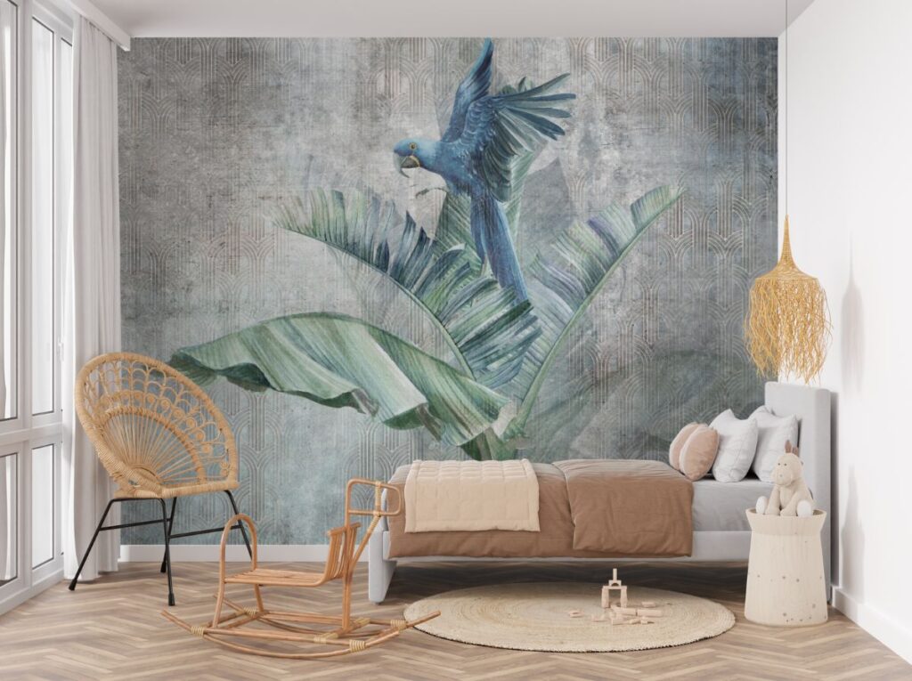 Tota, Parrot on Big Banana Leaves Grunge Wallpaper for Wall - Magicdecor®