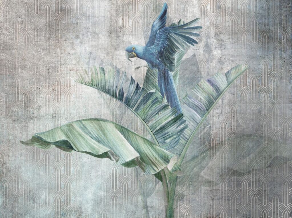 Tota, Parrot on Big Banana Leaves Grunge Wallpaper for Wall - Magicdecor®