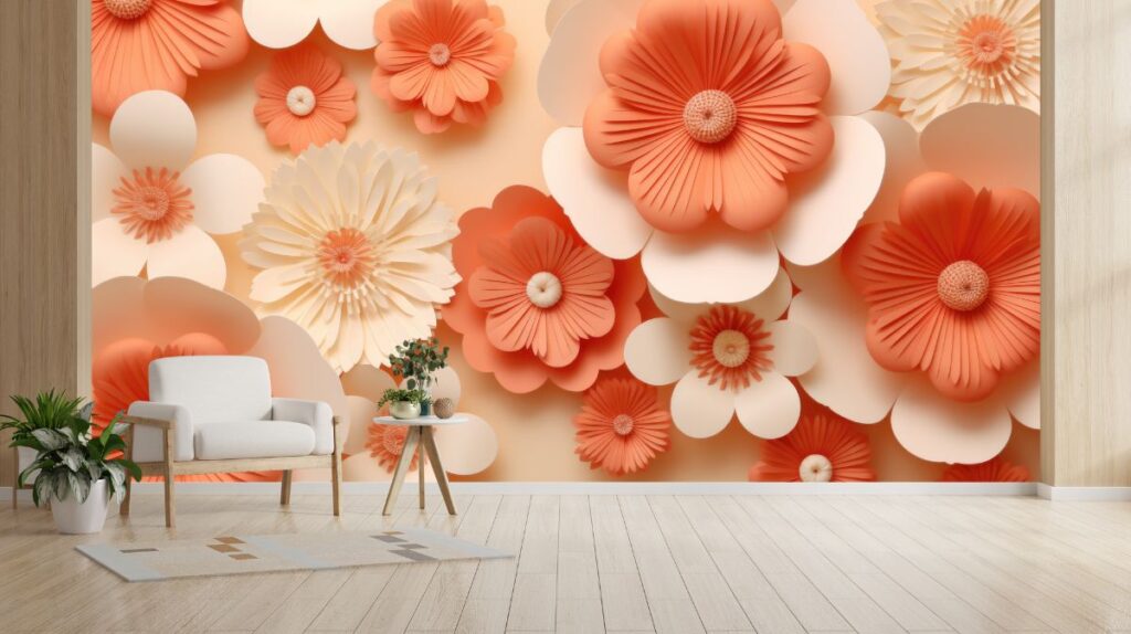 Hana, Abstract Paper Flowers in Peach Fuzz Wallpaper Mural - Magicdecor®