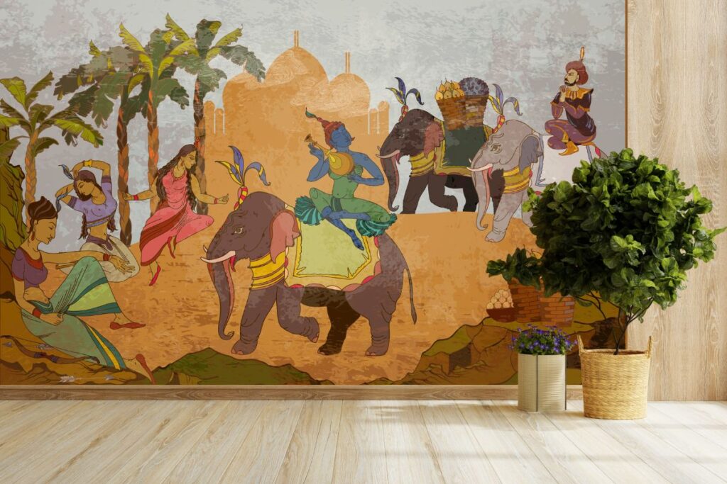 Gajraj Nritya Avritti, Old Indian Art Wallpaper Mural - Magicdecor®