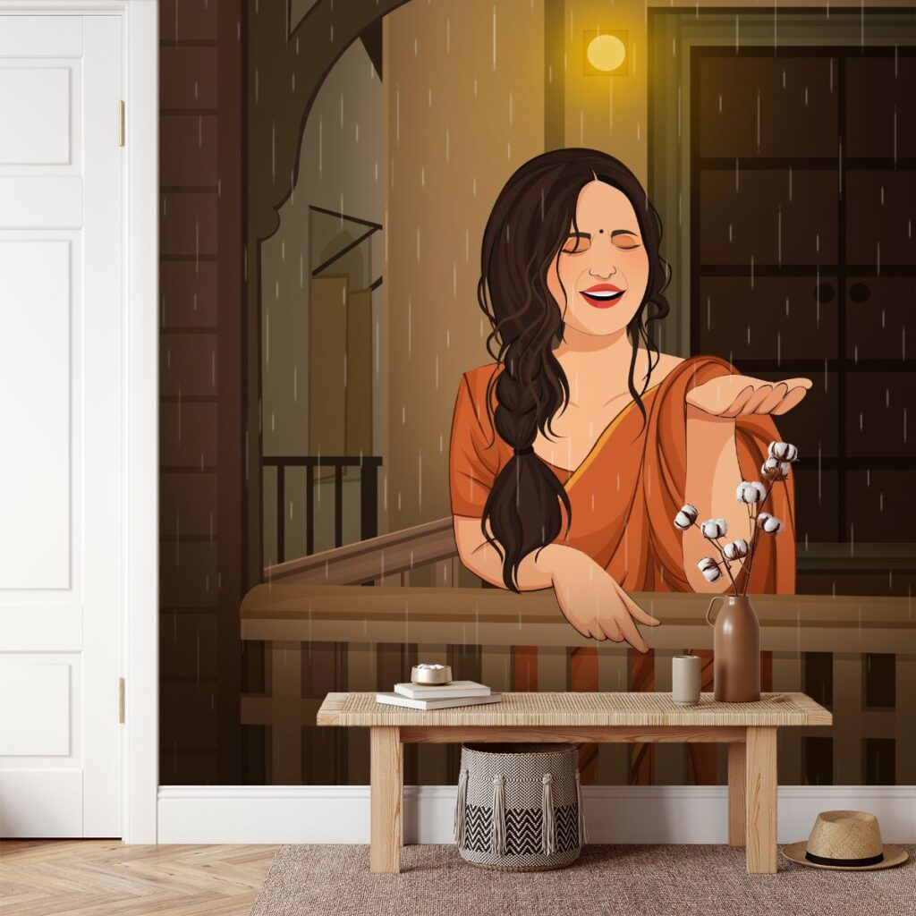 Pehli Barish, Woman Enjoying First Rain Wallpaper Mural - Magicdecor®