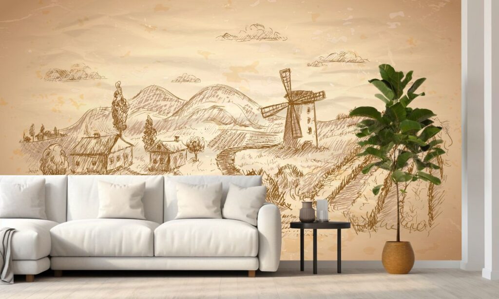 Rural Landscape With Windmill and Vineyard Wallpaper Mural - Magicdecor®