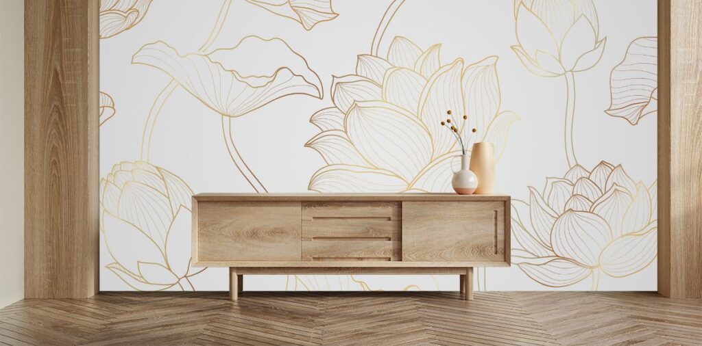 TV Unit Golden Lotus Line Pattern Wallpaper - Magicdecor®