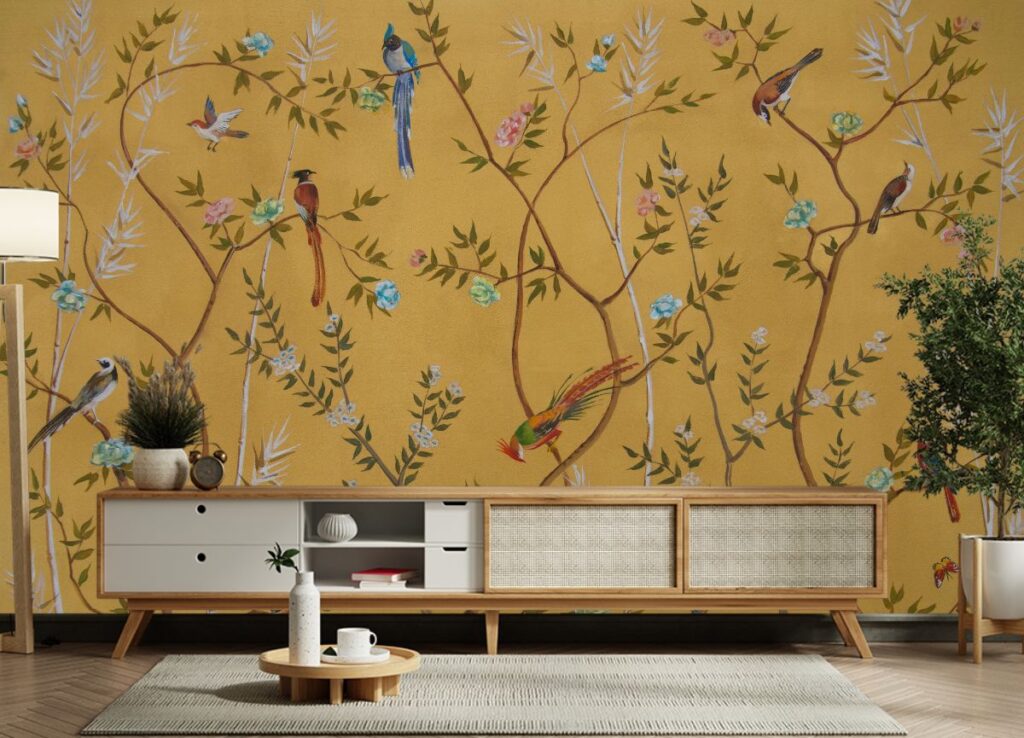 TV Unit Orange Chinoiserie Wallpaper Mural - Magicdecor®