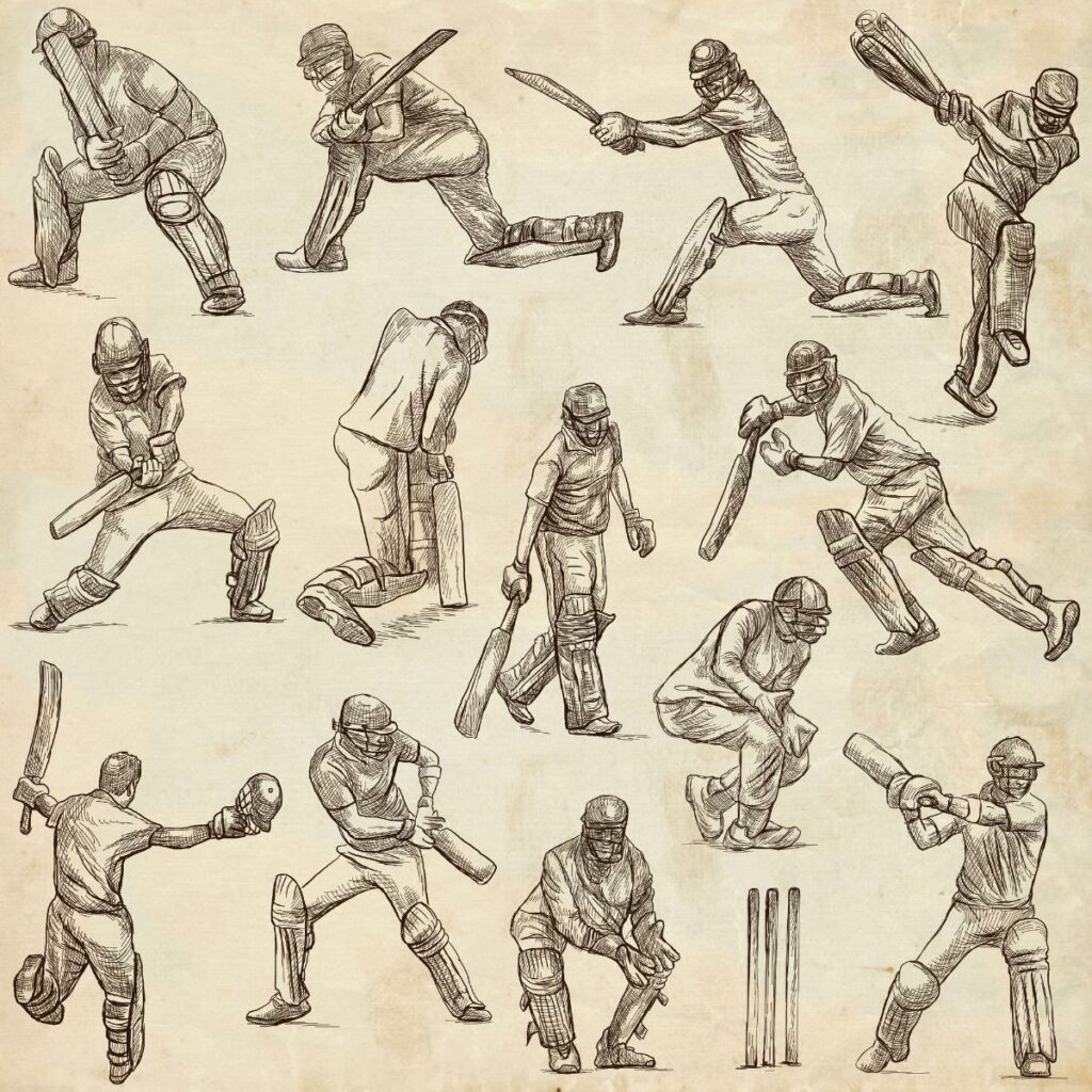 Cricketing Shorts and Poses Sketch Wall Mural Wallpaper - Magicdecor®