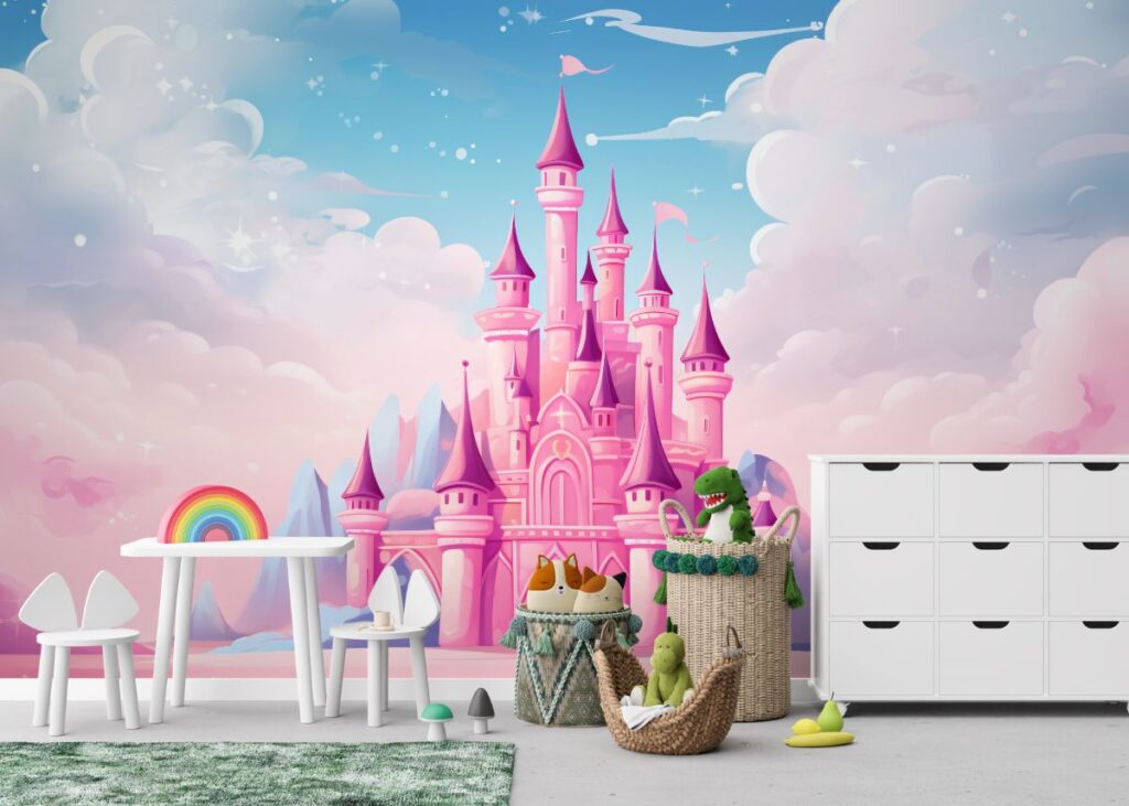 Dreamy Pink and Pastel Color Cartoon Castle Wallpaper Mural for Kids ...