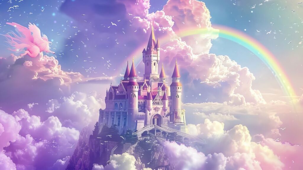 Fantasy Castle With Rainbow and Unicorns Wallpaper Mural - Magicdecor®