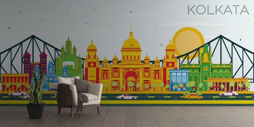 Kolkata Skyline with Colorful Landmarks Wallpaper Mural - Magicdecor®