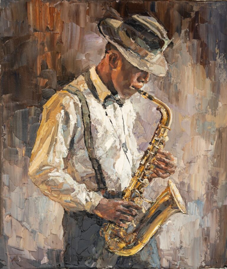 Stylish Jazz, Man Playing Saxophone Oil Painting Wall Mural Wallpaper ...