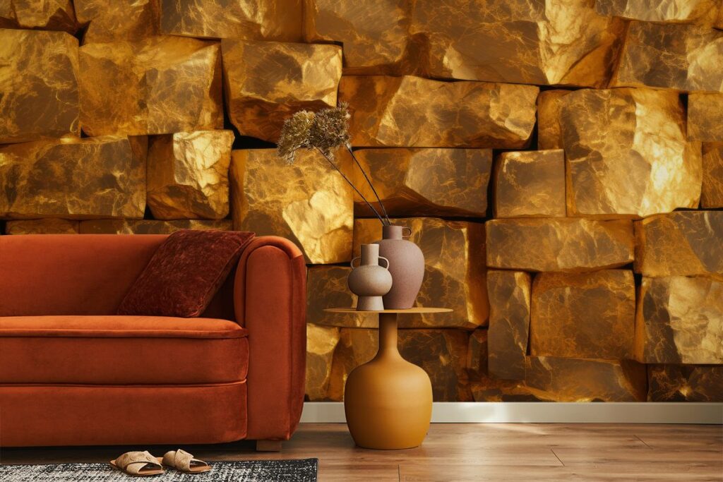 Golden Glow Rock Bricks Wallpaper Mural - Magicdecor®