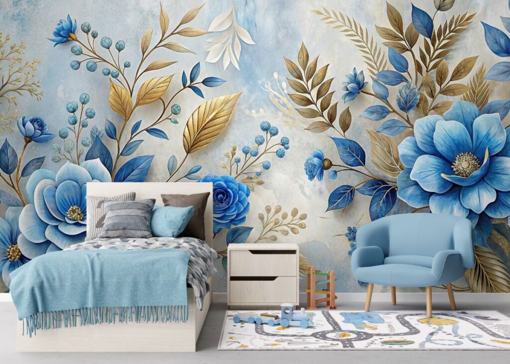 Botanical Bliss Blue Flowers With Golden Leaves Wallpaper Mural ...