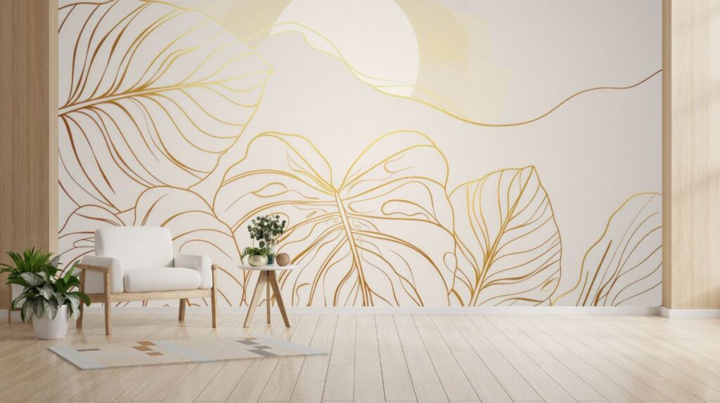 Surreal Golden Leaves Line Art Scenery Wallpaper Mural - Magicdecor®