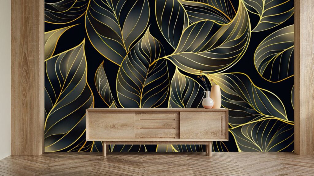 Elegant Golden Leaves Line Art Wallpaper Mural - Magicdecor®