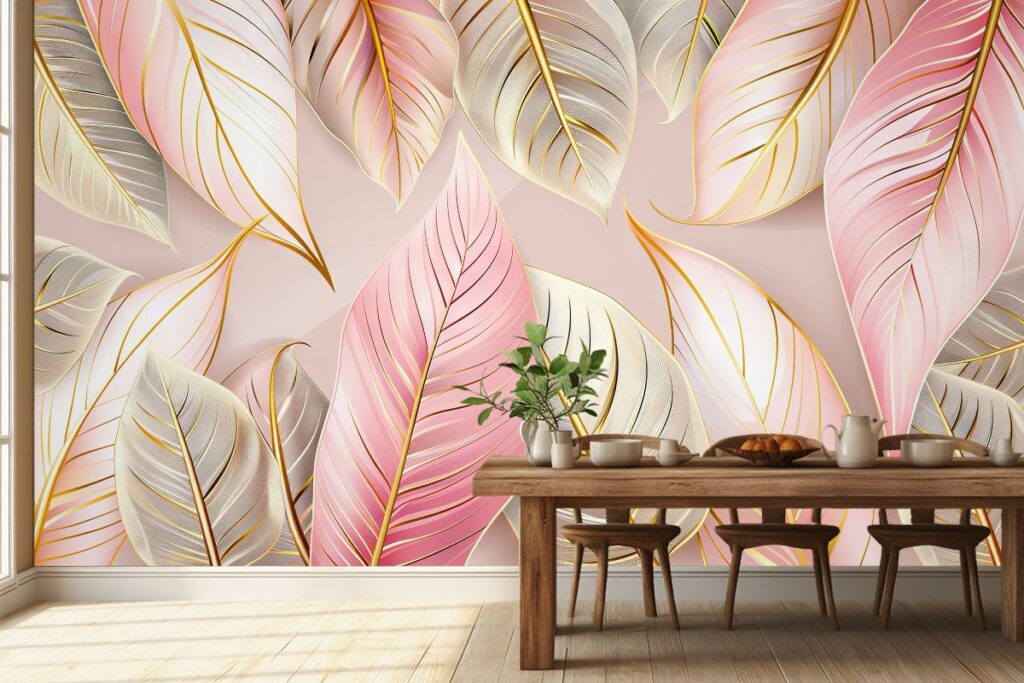 Luxurious Pink and Gold Leaves Wallpaper Mural - Magicdecor®