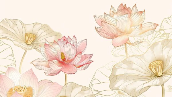 Pink and Gold Line Art Lotus Flower and Leaves Mural Wallpaper - Magicdecor®