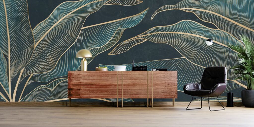 Tropical Banana Leaves in Golden Line Art Style Mural Wallpaper ...