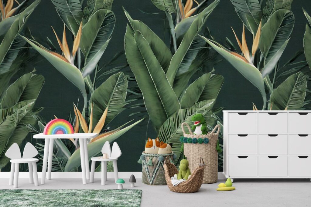 Tropical Strelitzia Flowers and Palm Leaves Mural Wallpaper for Wall ...