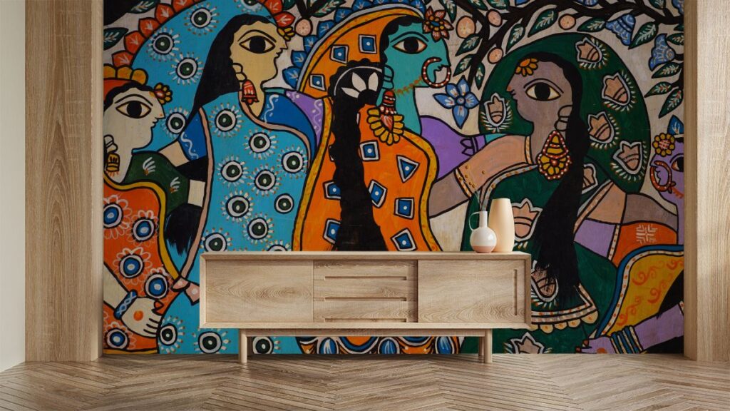 Vibrant Cultural Mithila Painting Wallpaper Mural - Magicdecor®