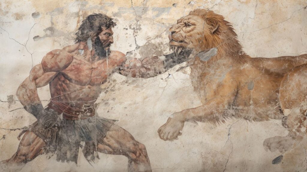 Hercules Fighting Lion Wall Fresco Wallpaper Mural - Magicdecor®