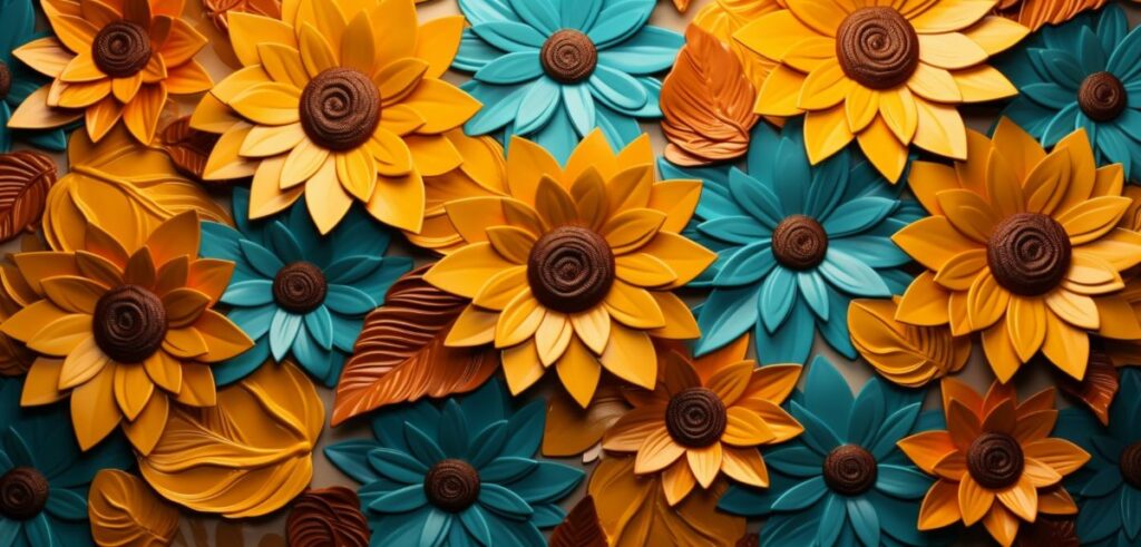 3D Turquoise Amber Morning Glories Sunflowers Wallpaper Mural - Magicdecor®