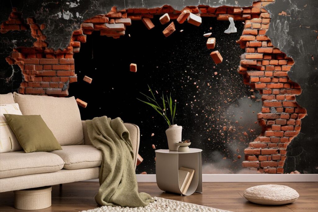 3D Effect Blown Up Red Brick Wall Wallpaper Mural - Magicdecor®