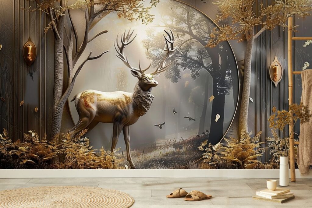 Barahsinga, 3D Golden Reindeer Mural Wallpaper - Magicdecor®