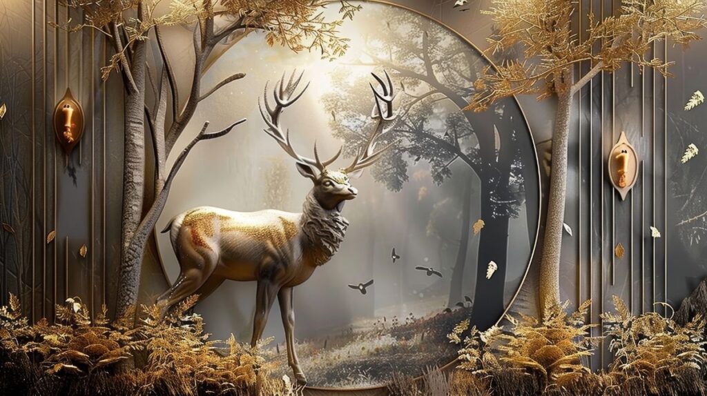 Barahsinga, 3D Golden Reindeer Mural Wallpaper - Magicdecor®