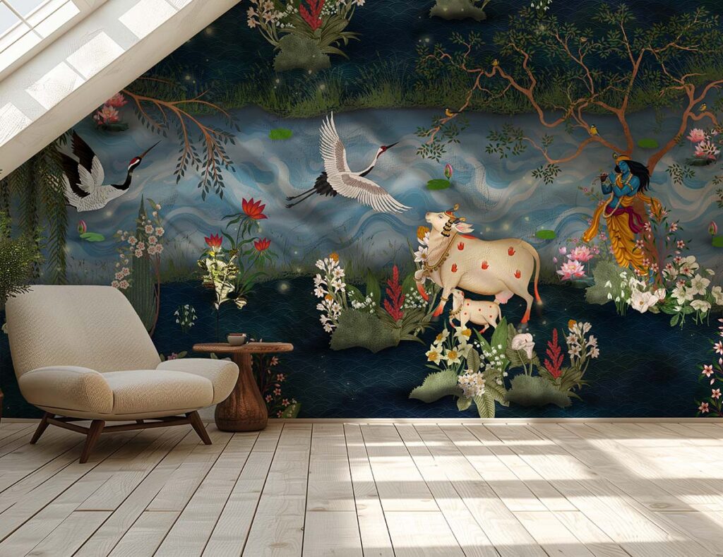 Krishna Kamdhenu Leela Wallpaper Mural, Customized - Magicdecor®