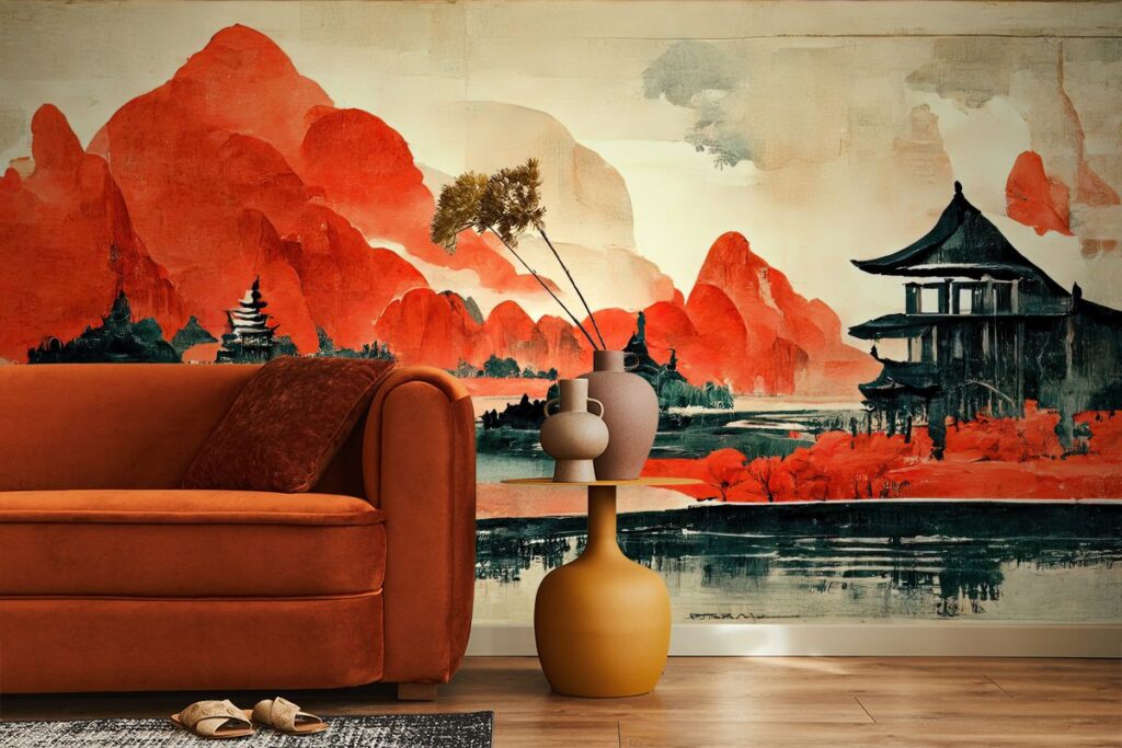 Traditional Chinese Painting Red Landscape Mural Wallpaper - Magicdecor®