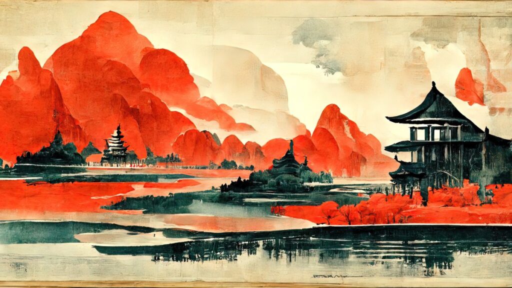 Traditional Chinese Painting Red Landscape Mural Wallpaper - Magicdecor®