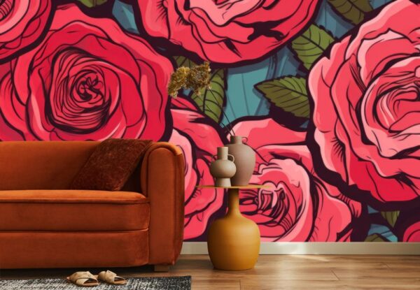 Blooming Red Pop Art Roses Wallpaper Mural - Magic Decor