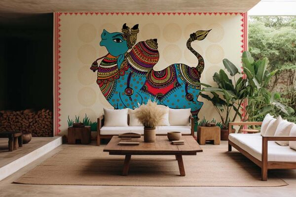 Vibrant Nandi Madhubani Painting Wallpaper Mural - Magicdecor®