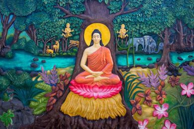 Lord Buddha Under Bodhi Tree Wall Stucco Wallpaper Mural - Magicdecor®