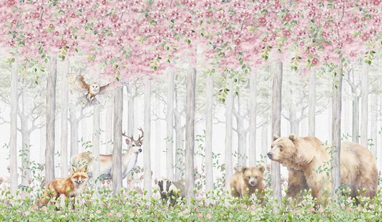 Vasant, Spring Forest With Cute Animals and Flowers Wallpaper Mural ...