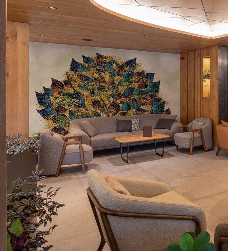 Swarna Vriksh, 3D Golden Tree With Turquoise and Brown Leaves Wallpaper Mural - Magicdecor®