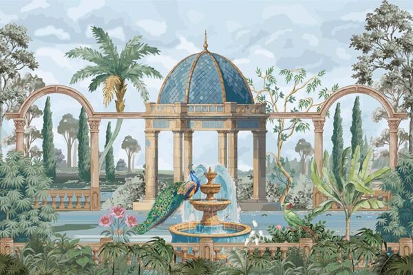 Ancient Indian Garden With Birds and Fountain Wallpaper Mural - Magicdecor®