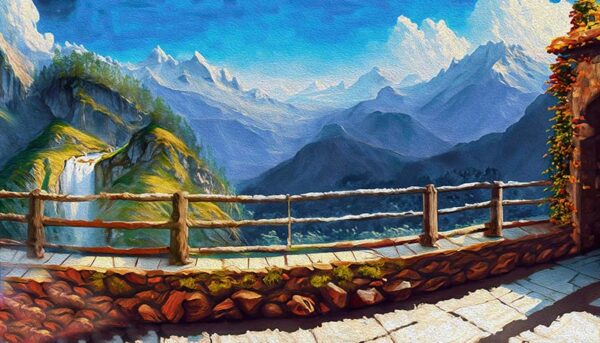 Oil Painting of A Terrace With Beautiful Scenery Wallpaper Mural ...