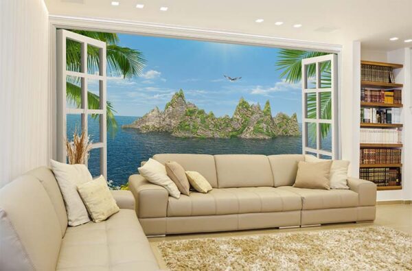Ocean and Mountainous Island Window View Wallpaper Mural - Magicdecor®